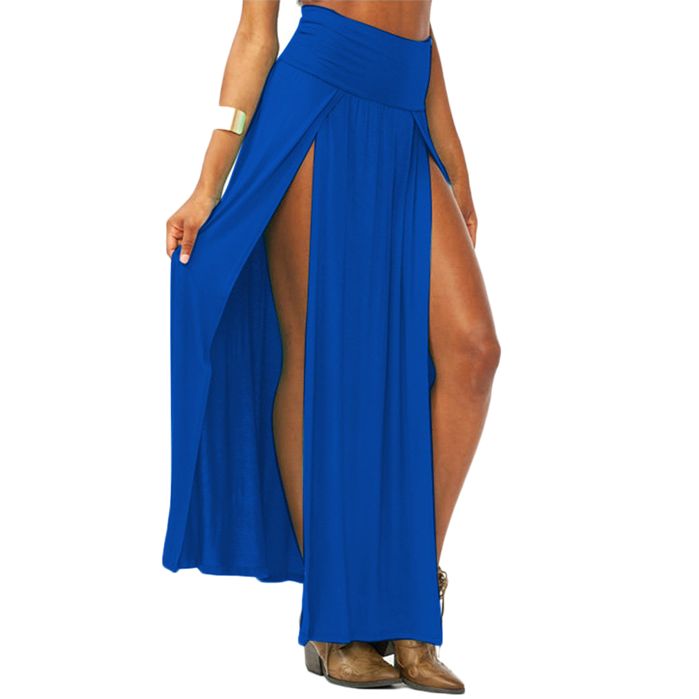 Sexy High Waisted Double Slit Split Skirt Open Leg Long Maxi Skirt Dress Pb